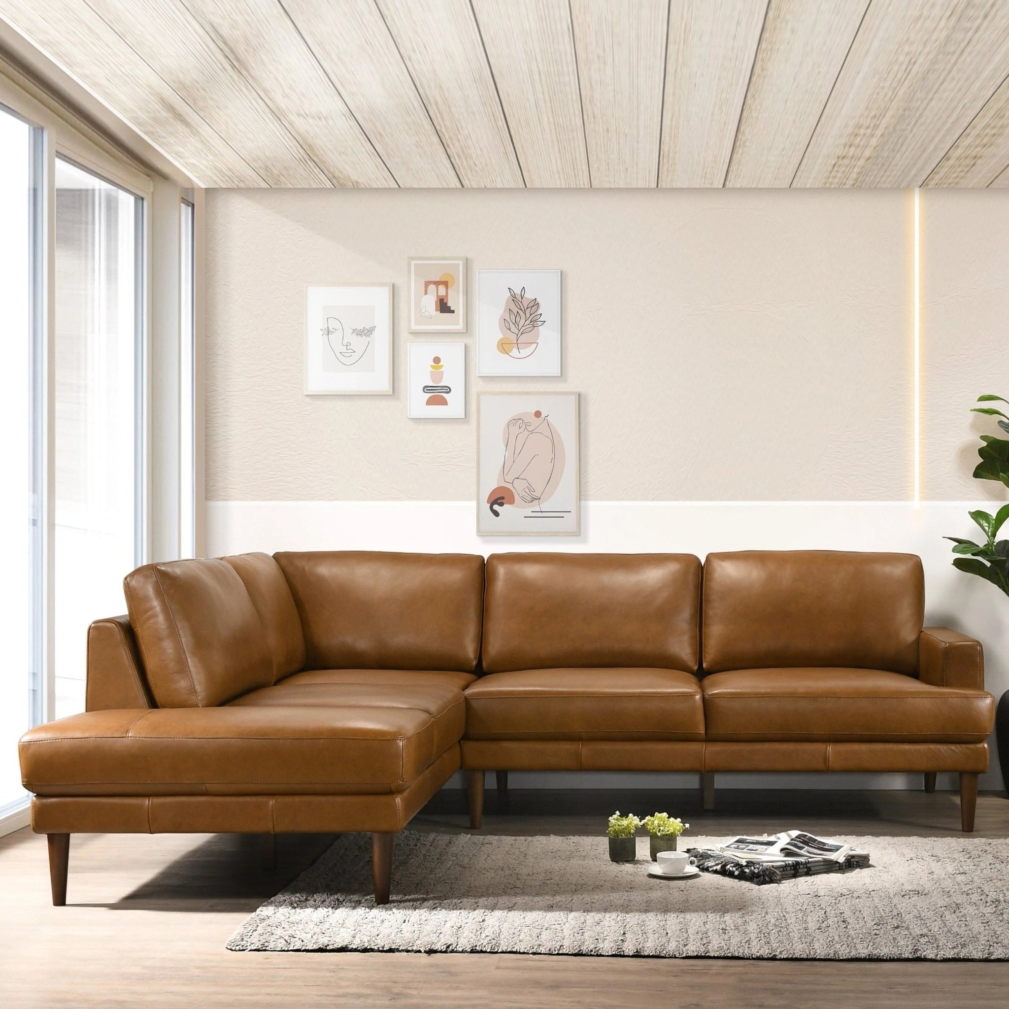 Modern Tan Leather Sectional Sofa - Left Facing Chaise – Monstera Drive